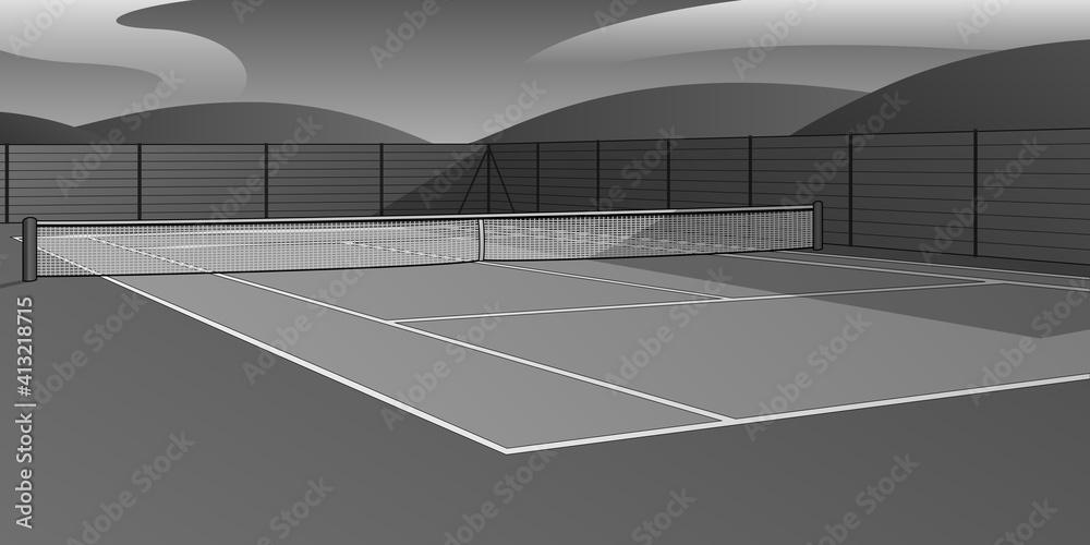 Illustration of tennis court. Grayscale image of playing ground for ...