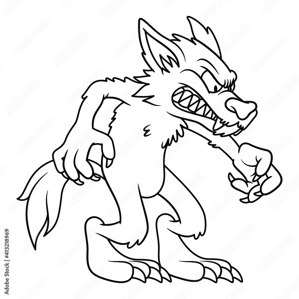 Line art illustration of angry wolve or werewolf in cartoon style ...