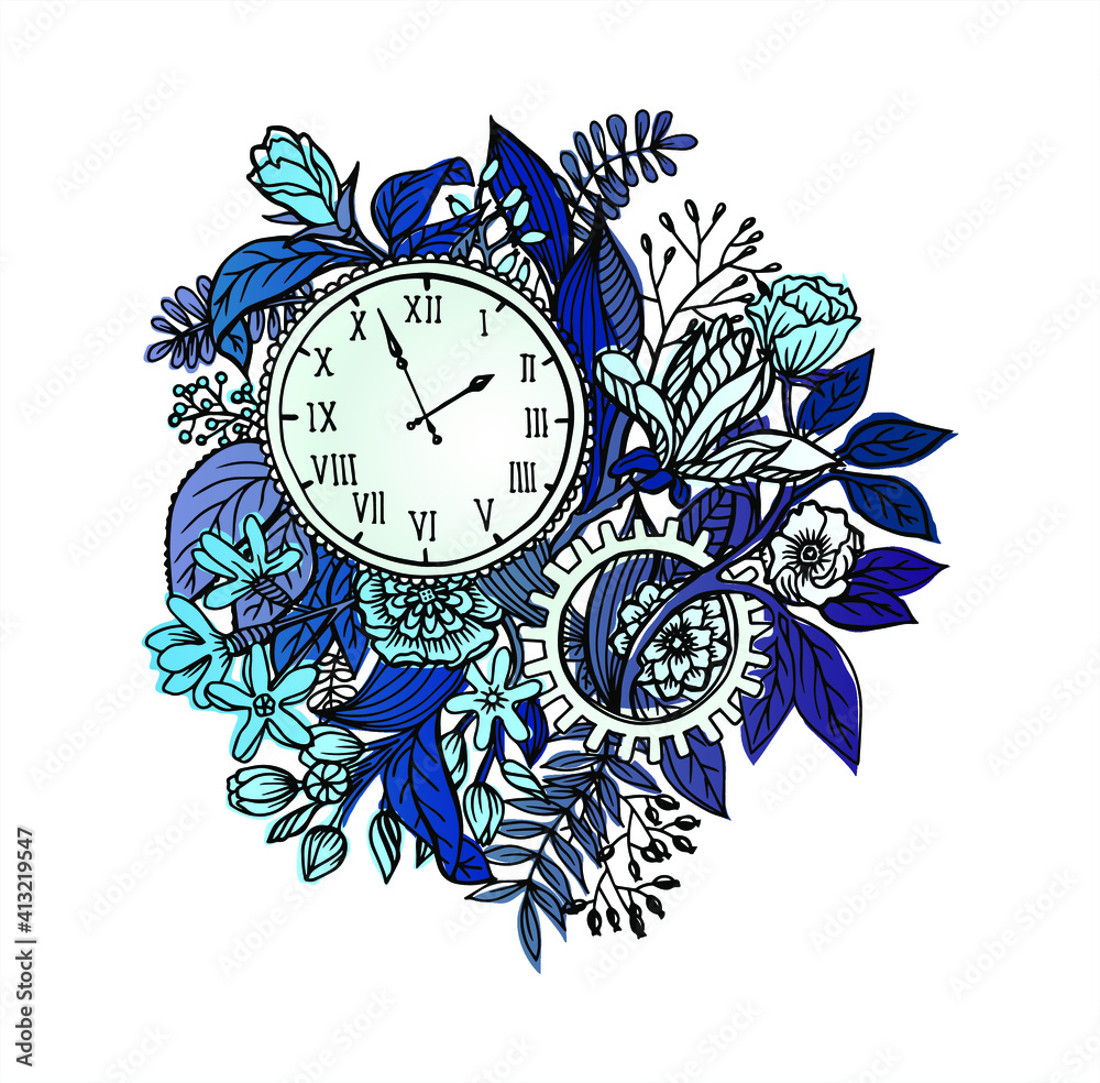 Time passes and nature lives on. Hand drawn retro clock in branches of ...