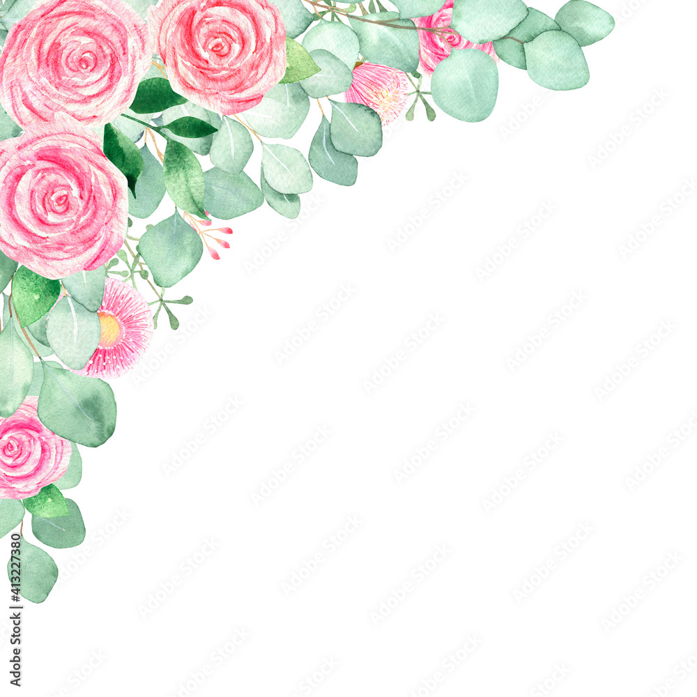Watercolor floral border-corner with eucalyptus branches, pale pink ...