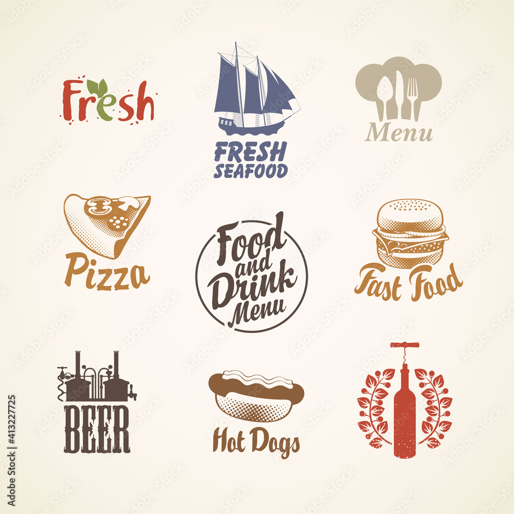 Set of logos, icons, labels, stickers or badges on the theme of food ...