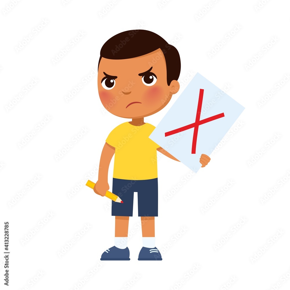 Disgruntled little Mexican boy drew a red cross on the paper, symbol of ...