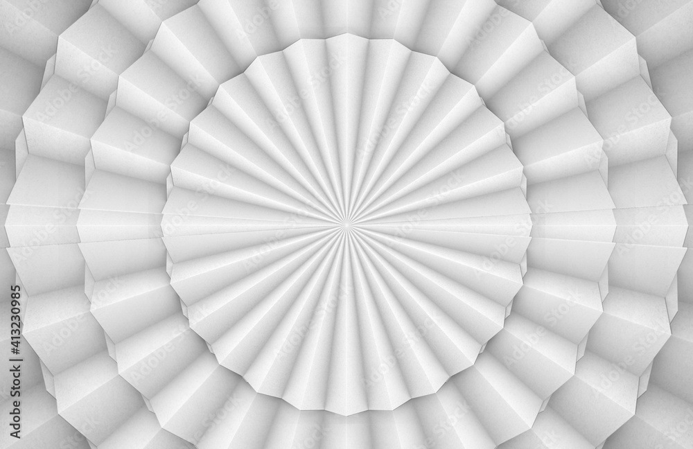 3d rendering. Abstract circular White folding paper fan art wall ...