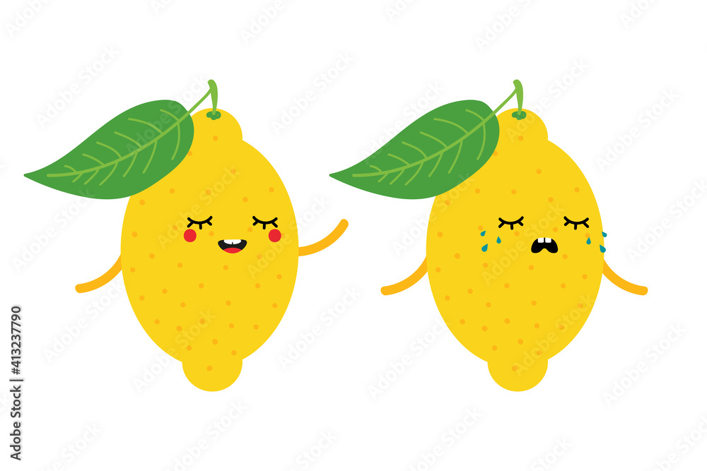 Cute cartoon style yellow lemon characters, happy smiling and sad ...