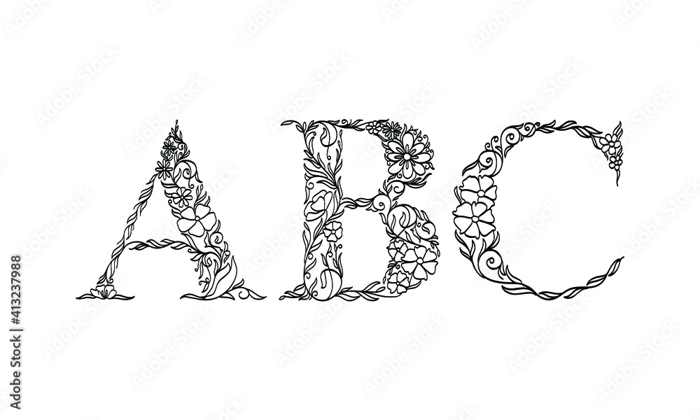 floral illustration alphabet a, b, c, vector graphic font made by ...