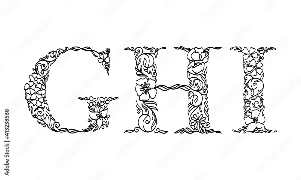 floral illustration alphabet g, h, i, vector graphic font made by ...