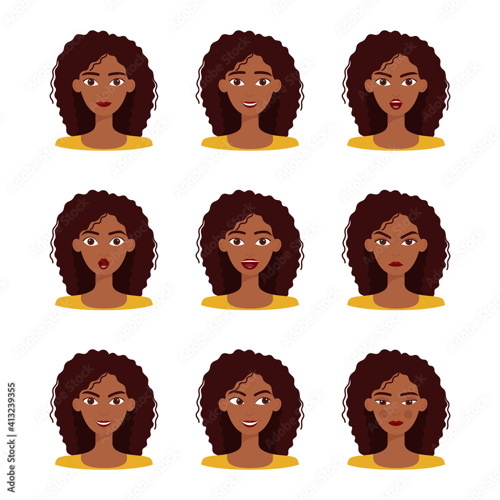 Set of emotions of beautiful dark skinned girl with dark hair. Set of ...