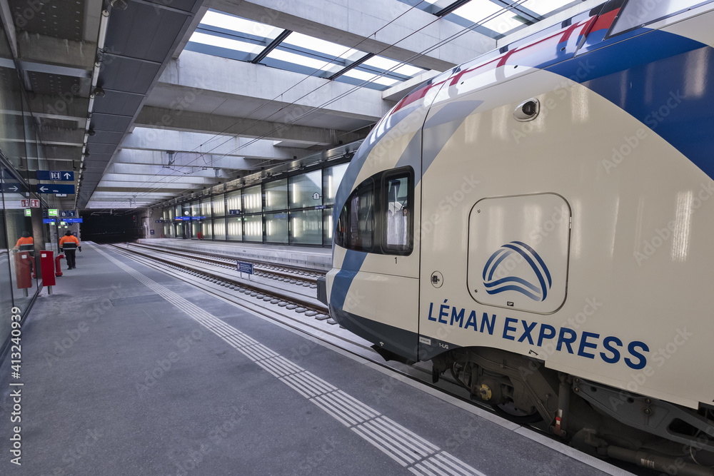 Geneva / Switzerland - february 04 2020 : logo and sign on the Leman ...