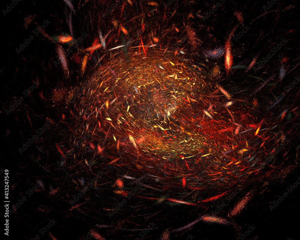 Abstract fiery vortex or whirlwind in dark far and deep space. Red hot ...