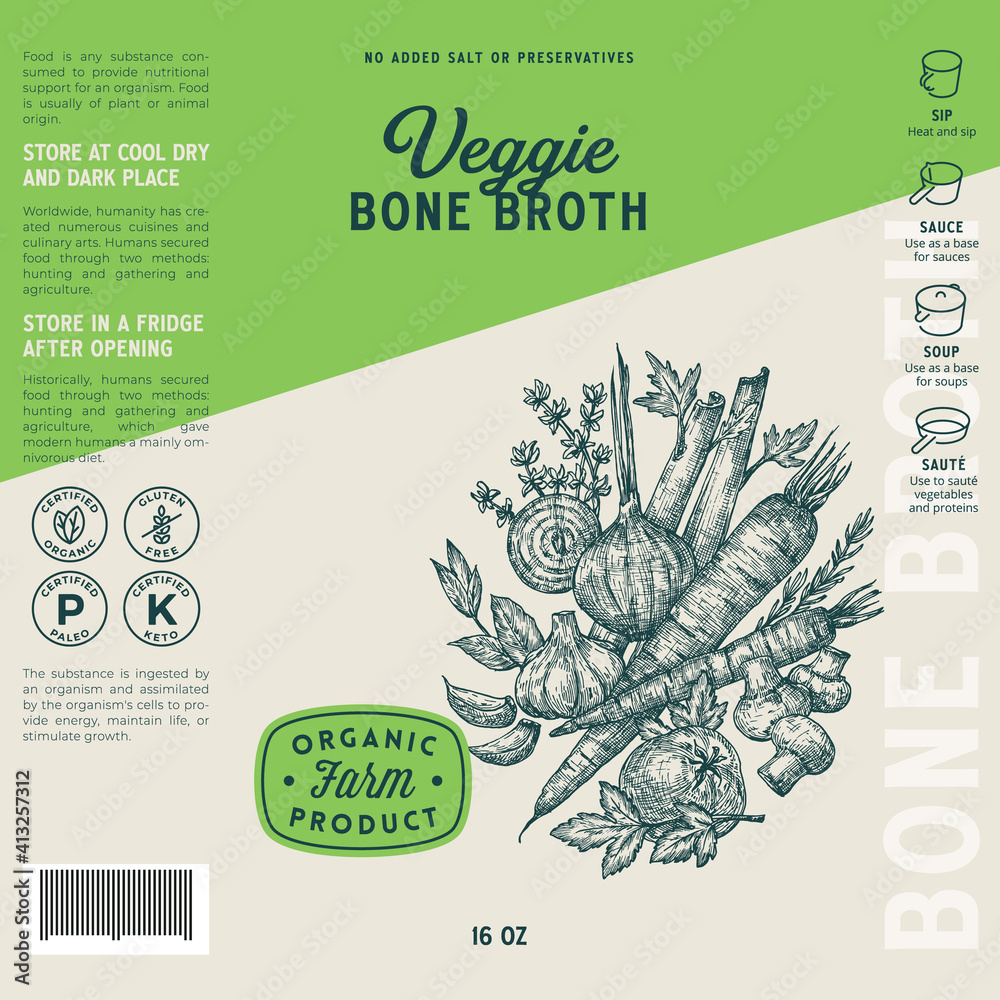 Veggie Bone Broth Label Template. Abstract Vector Food Packaging Design ...