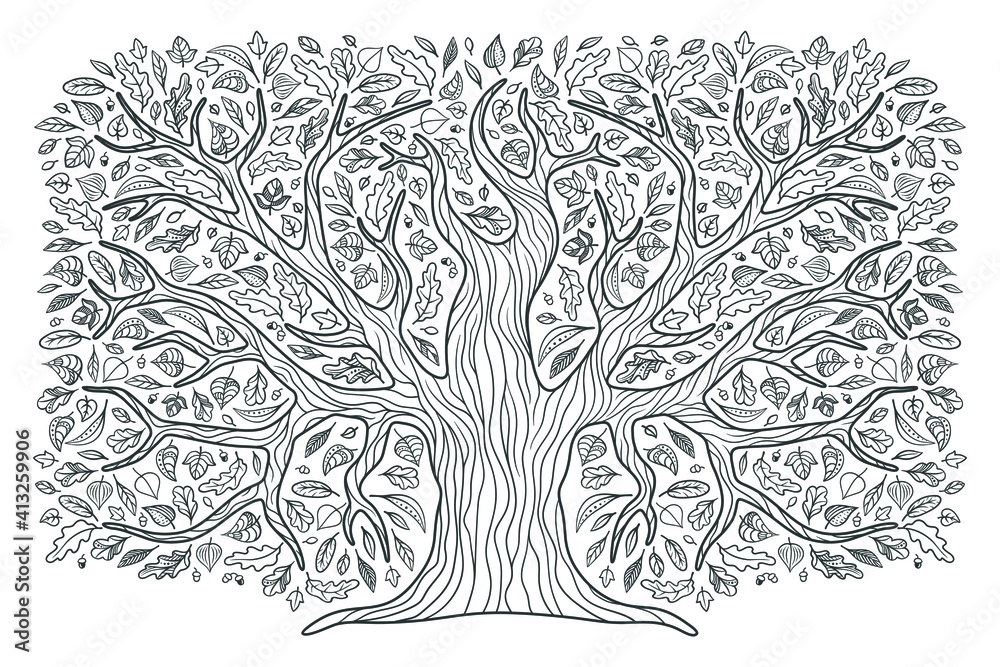 A big tree, a family tree. Oak in a decorative style. The contour. For ...