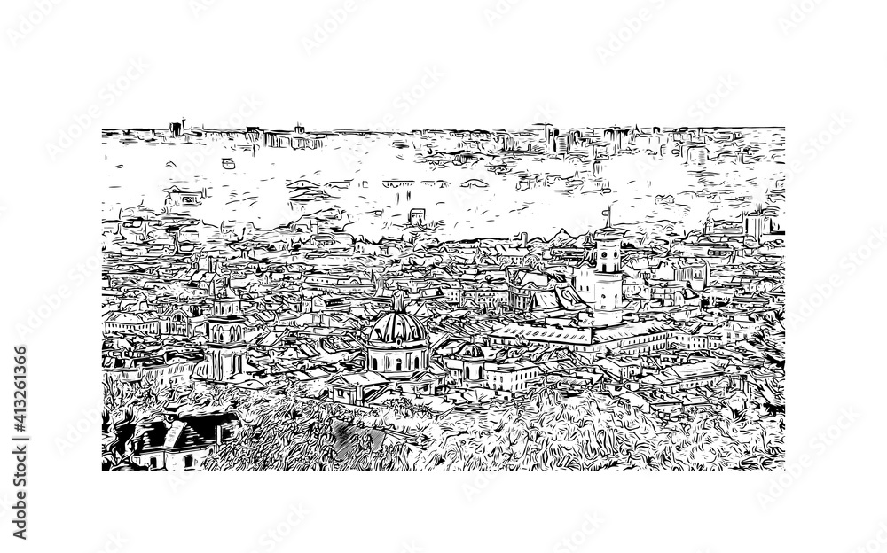 Building view with landmark of Lviv is the city in Ukraine. Hand drawn ...
