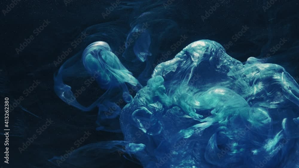 Smoke explosion. Underwater ink splash. Glowing fluid animation. Blue ...
