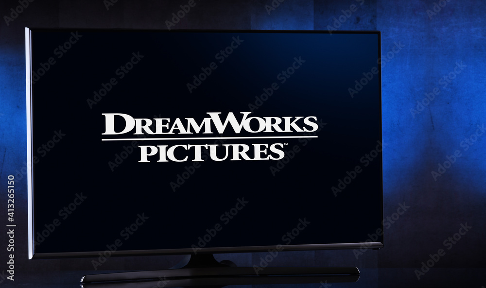Flat-screen TV set displaying logo of DreamWorks Pictures Stock Photo ...