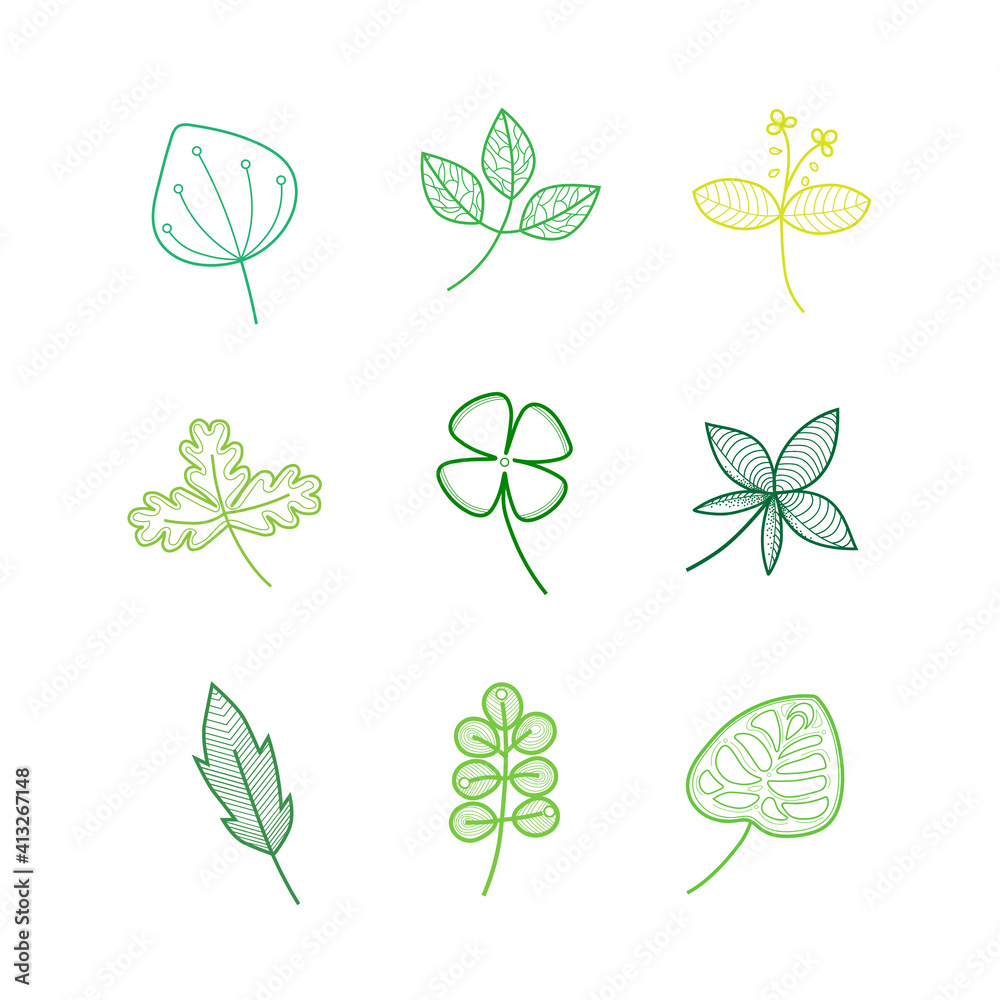 Green cute aesthetic leaf botanical plants branches hand drawing doodle ...