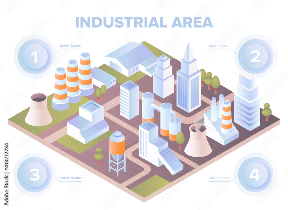 Isometric map or plan of urban industrial area factories or mills ...