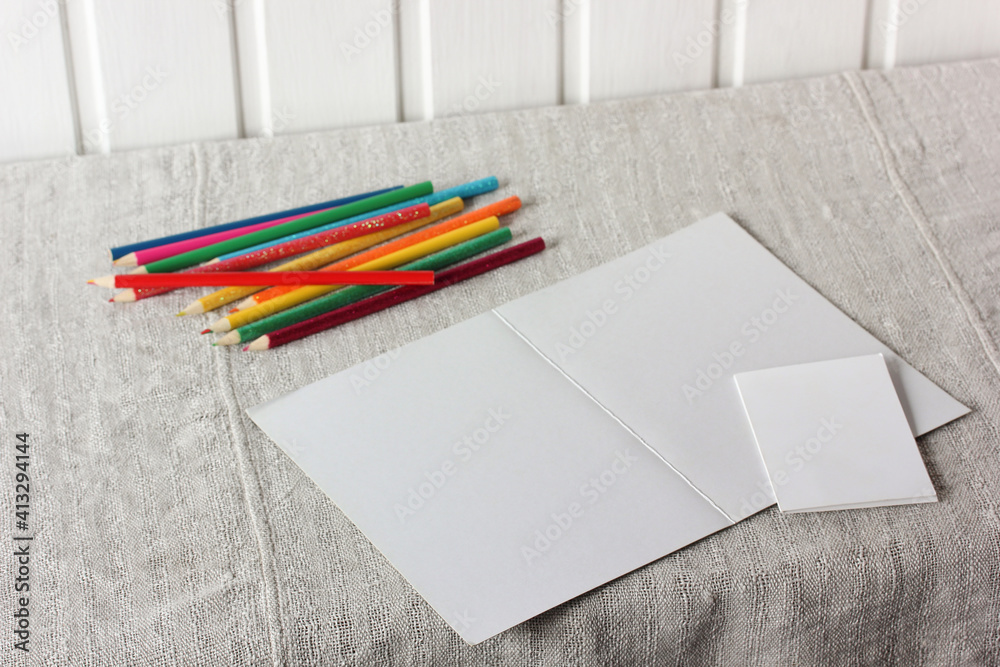 blank white sheet of paper and a card on the table. Stock Photo | Adobe ...