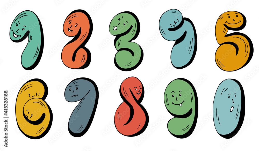 Colorful set of cartoon numbers. Color pastel number character isolated ...