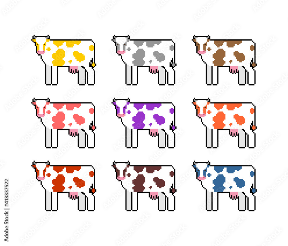 Cow pixel ar set. 8 bit farm animal cartoon. vector illustration Stock ...