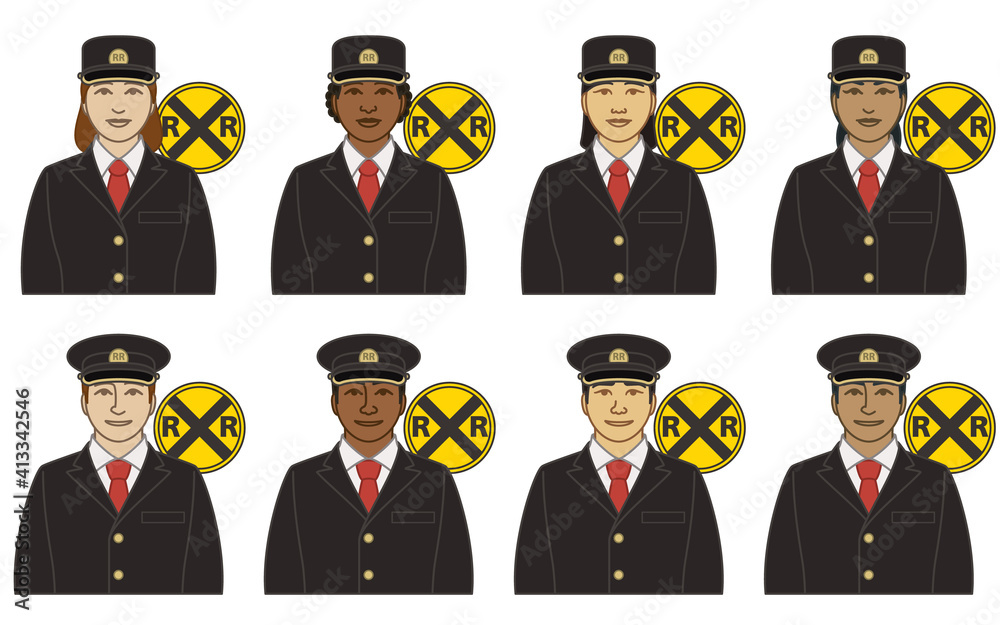 diversity, race, ethnicity of rail train conductor vector icons male ...