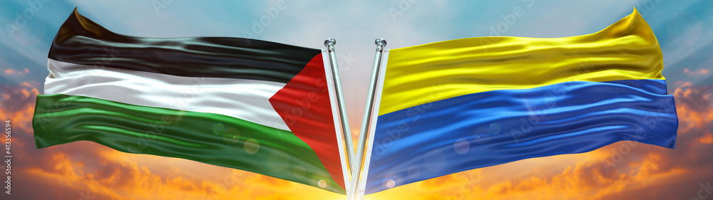 Ukraine Flag and Palestine flag waving with texture sky Cloud and ...