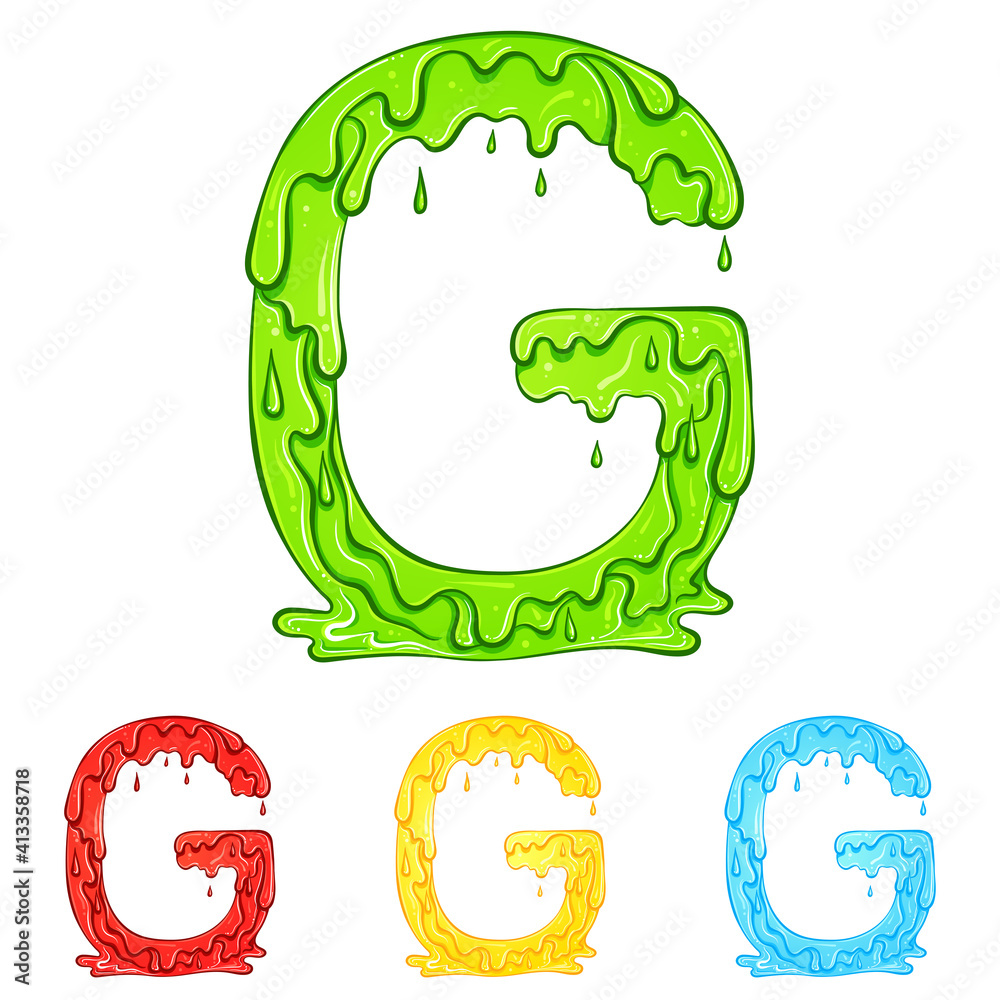 Letter G with flow drops and goo splash. Color illustration of the ...