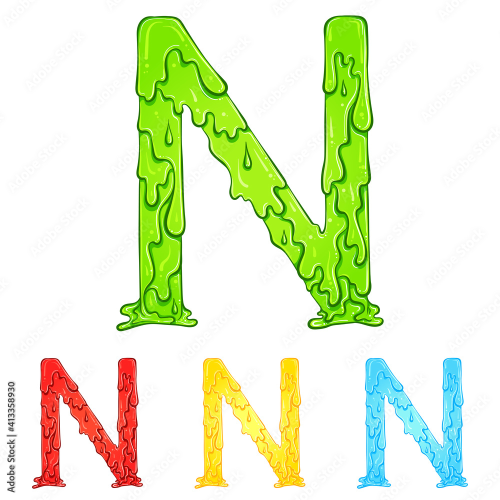 Letter N with flow drops and goo splash. Color illustration of the ...