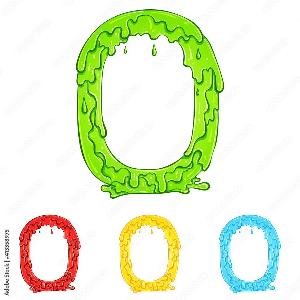 Letter O with flow drops and goo splash. Color illustration of the ...