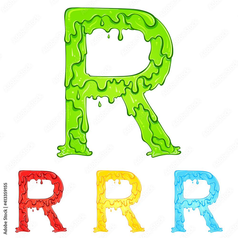 Letter R with flow drops and goo splash. Color illustration of the ...