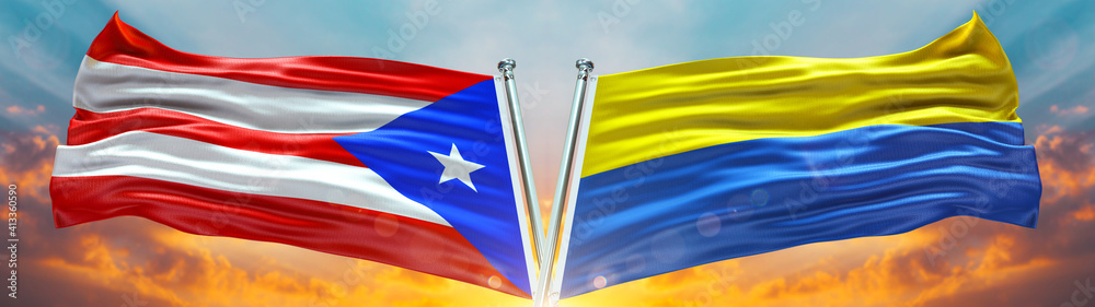 Ukraine Flag and Puerto Rico flag waving with texture sky Cloud and ...