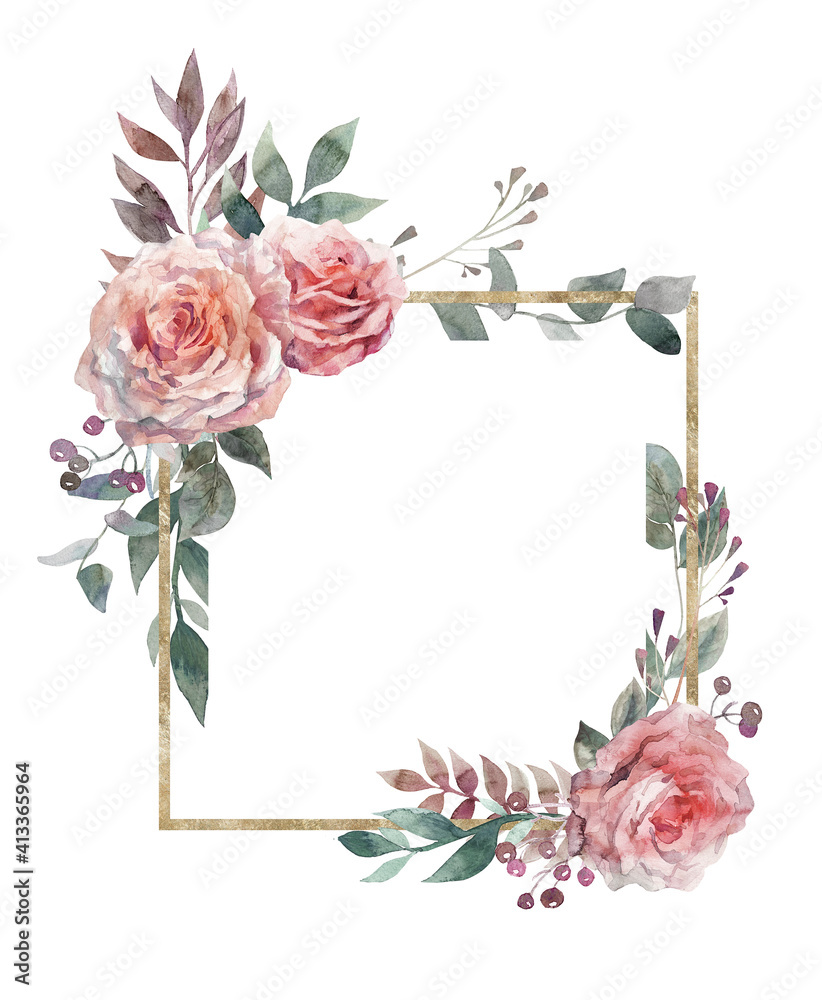 Flower frame with pink rose, green leaves. Watercolor floral clipart ...