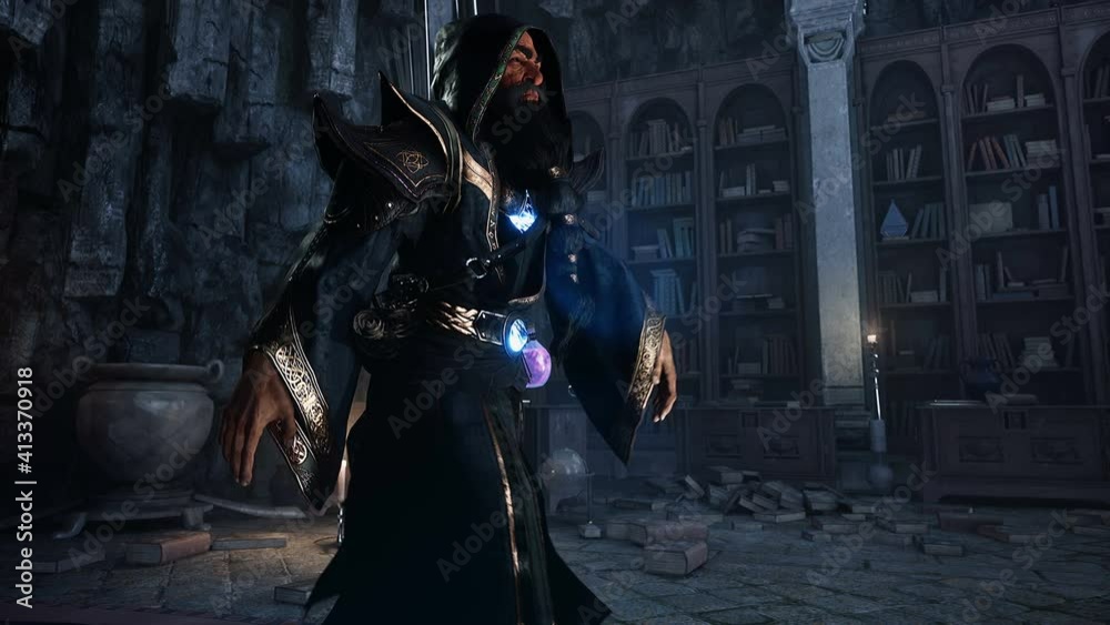 An ancient wizard walks through his mystical old castle to perform a ...