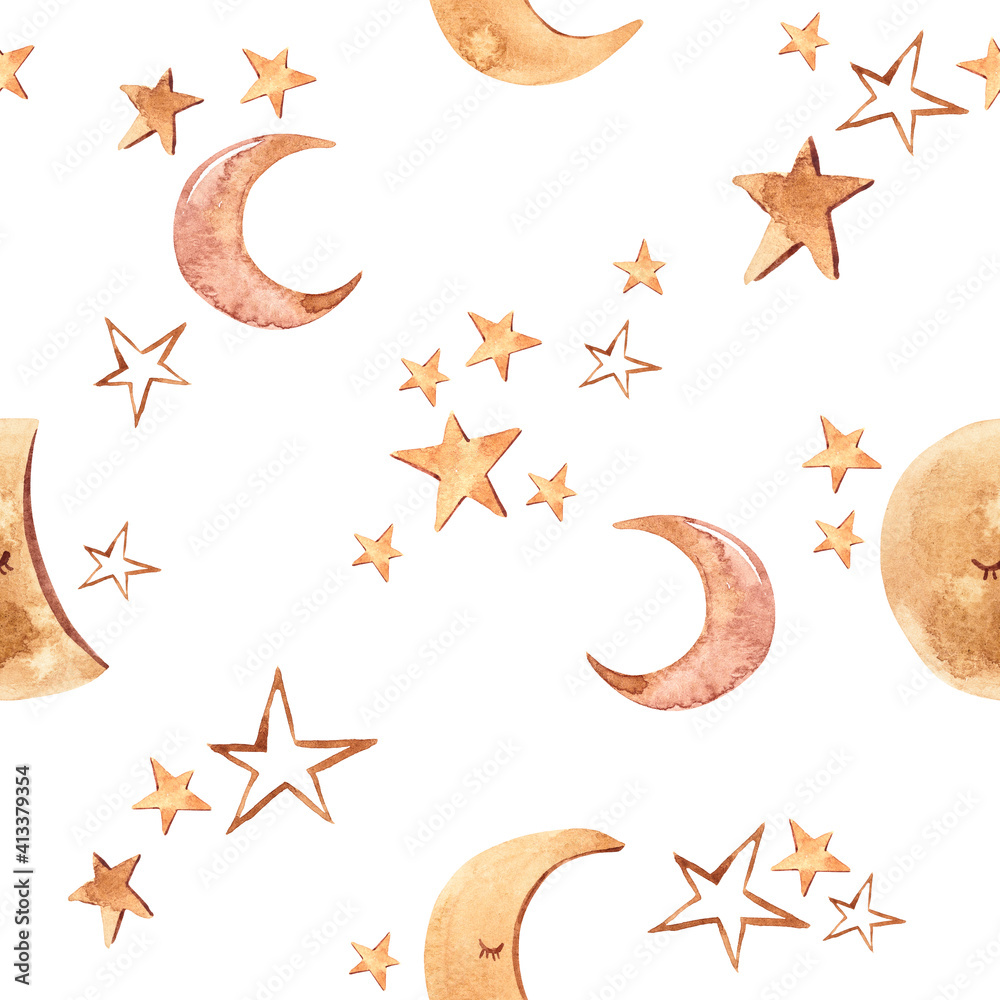 Watercolor modern boho beige moon and stars seamless pattern. Hand ...