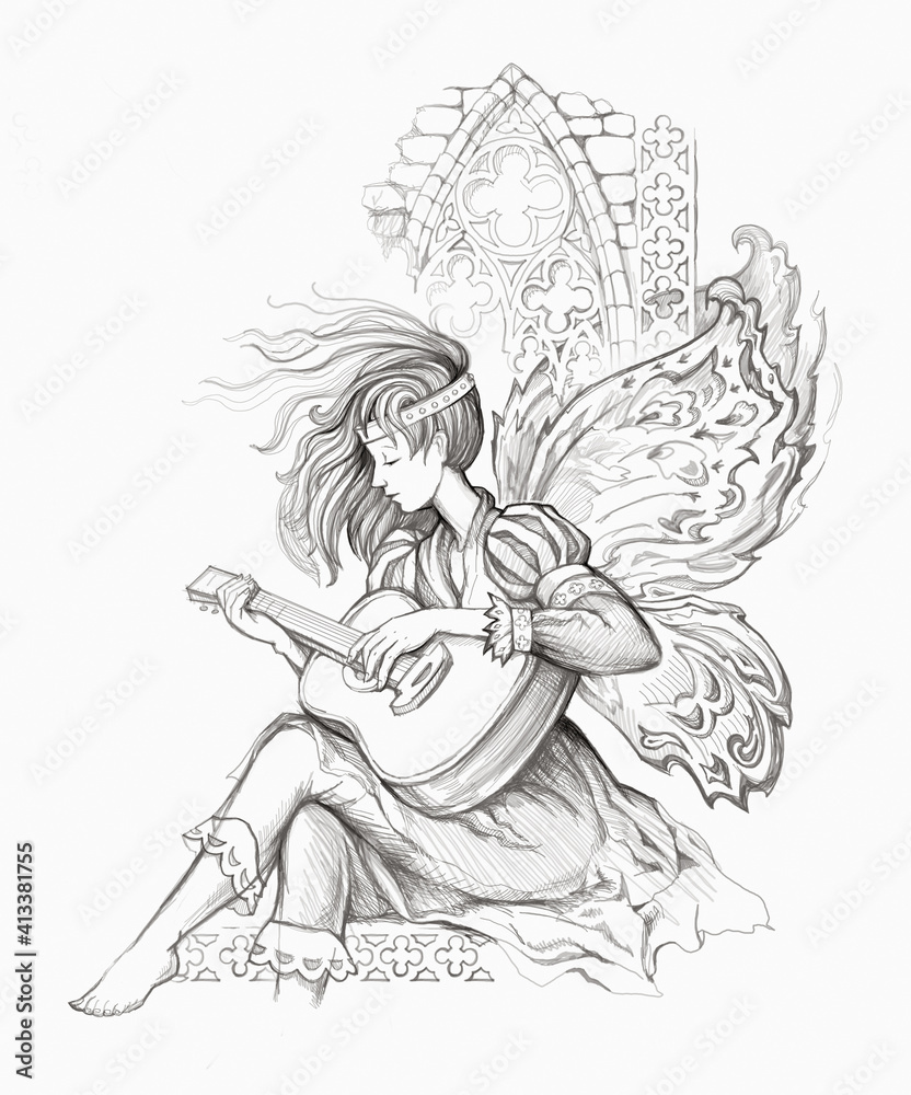 Fairy of music. Fantasy portrait of beautiful girl from medieval legend ...