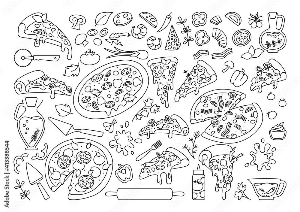 Pizza cartoon black line set. Italian hand drawn pizzas with greens ...