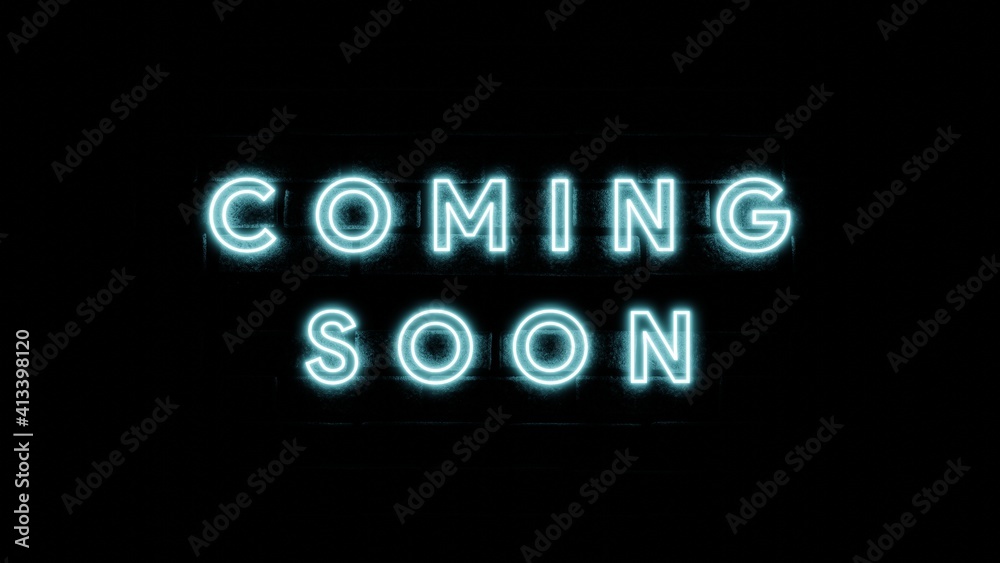 text coming soon with effect light blue color in wall brick background ...