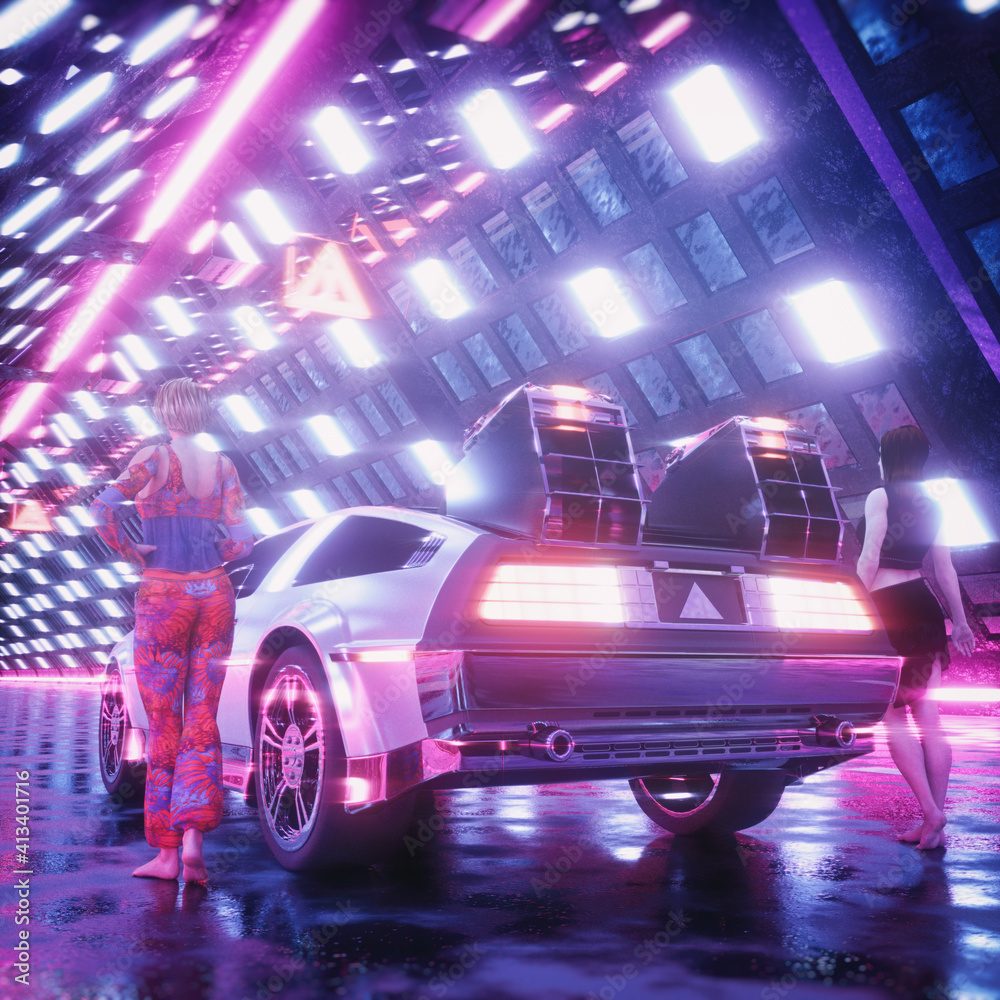 retro and outrun style environment with classic look and sports car ...