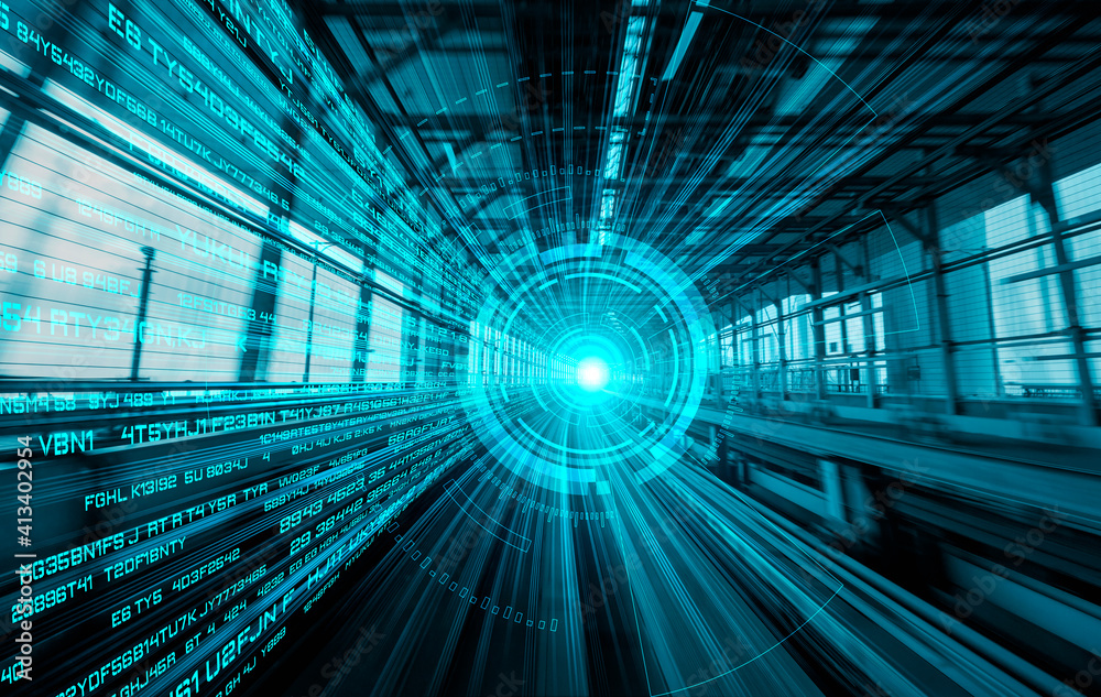 Digital data flow on road with motion blur to create vision of fast ...