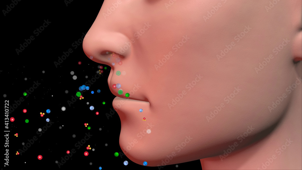 Human nose inhaling colorful particles . Person breathes out, exhales ...