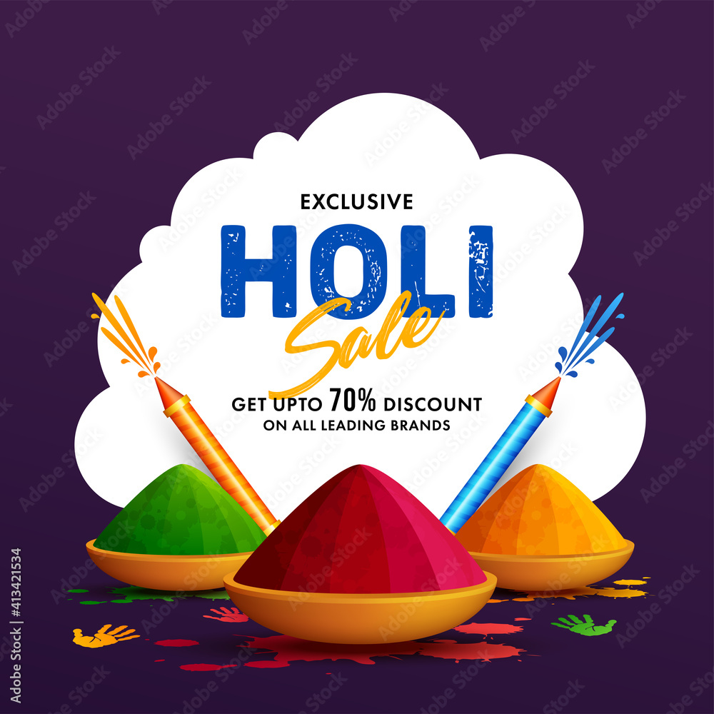 Holi Sale background. Colorful holi powder and water gun on dark purple ...