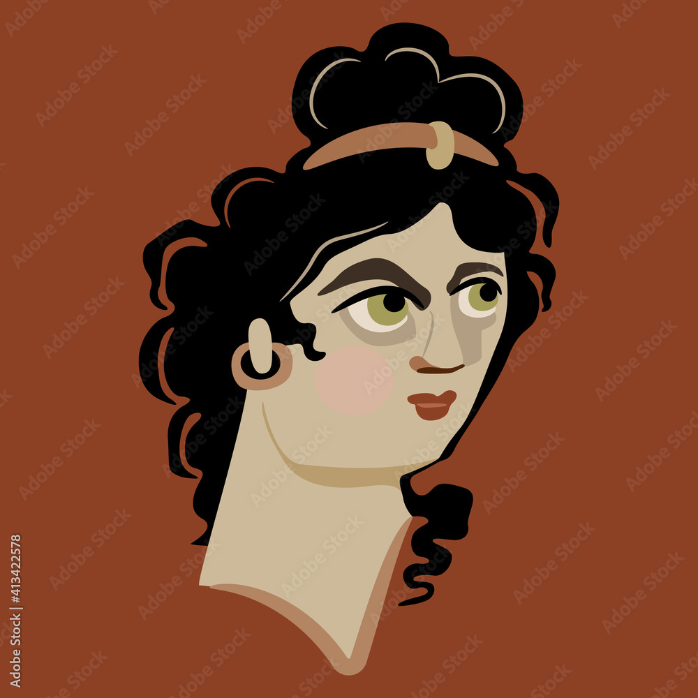 Head of a beautiful antique woman with black hair on red background ...