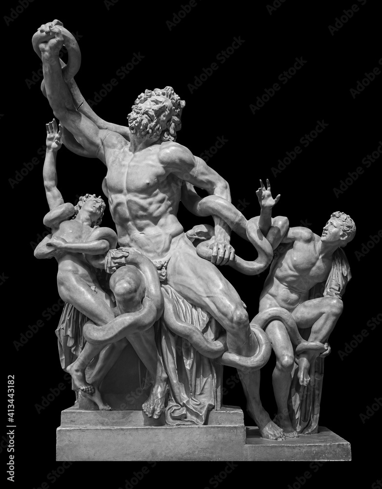 Front view of famous laocoon roman copy sculpture isolated on black ...