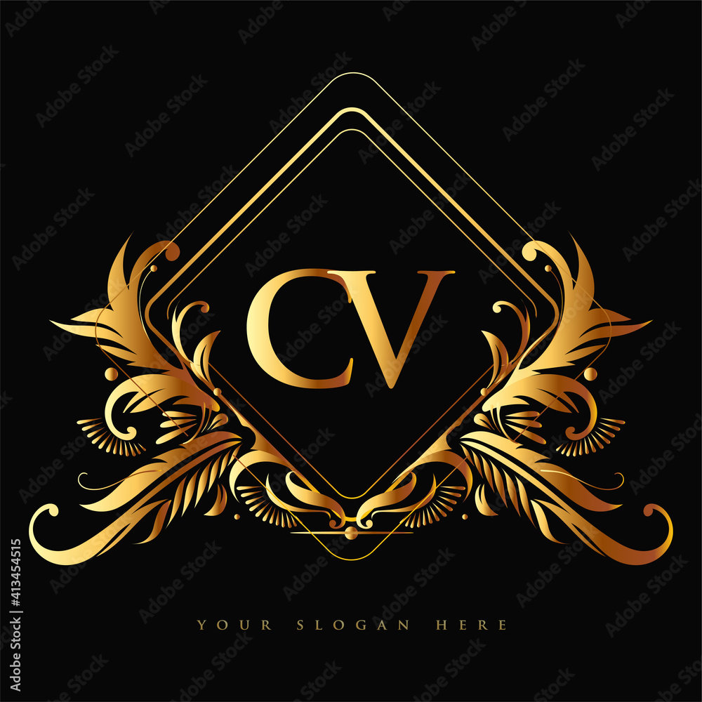 Initial logo letter CV with golden color with ornaments and classic pattern, vector logo for ...