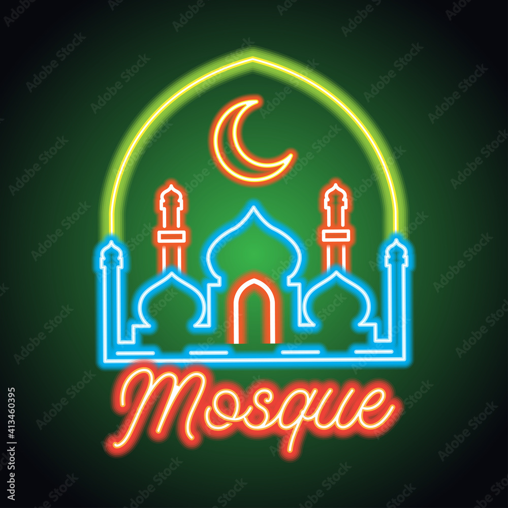 masjid or islamic centre neon sign for Muslims Pray. vector ...