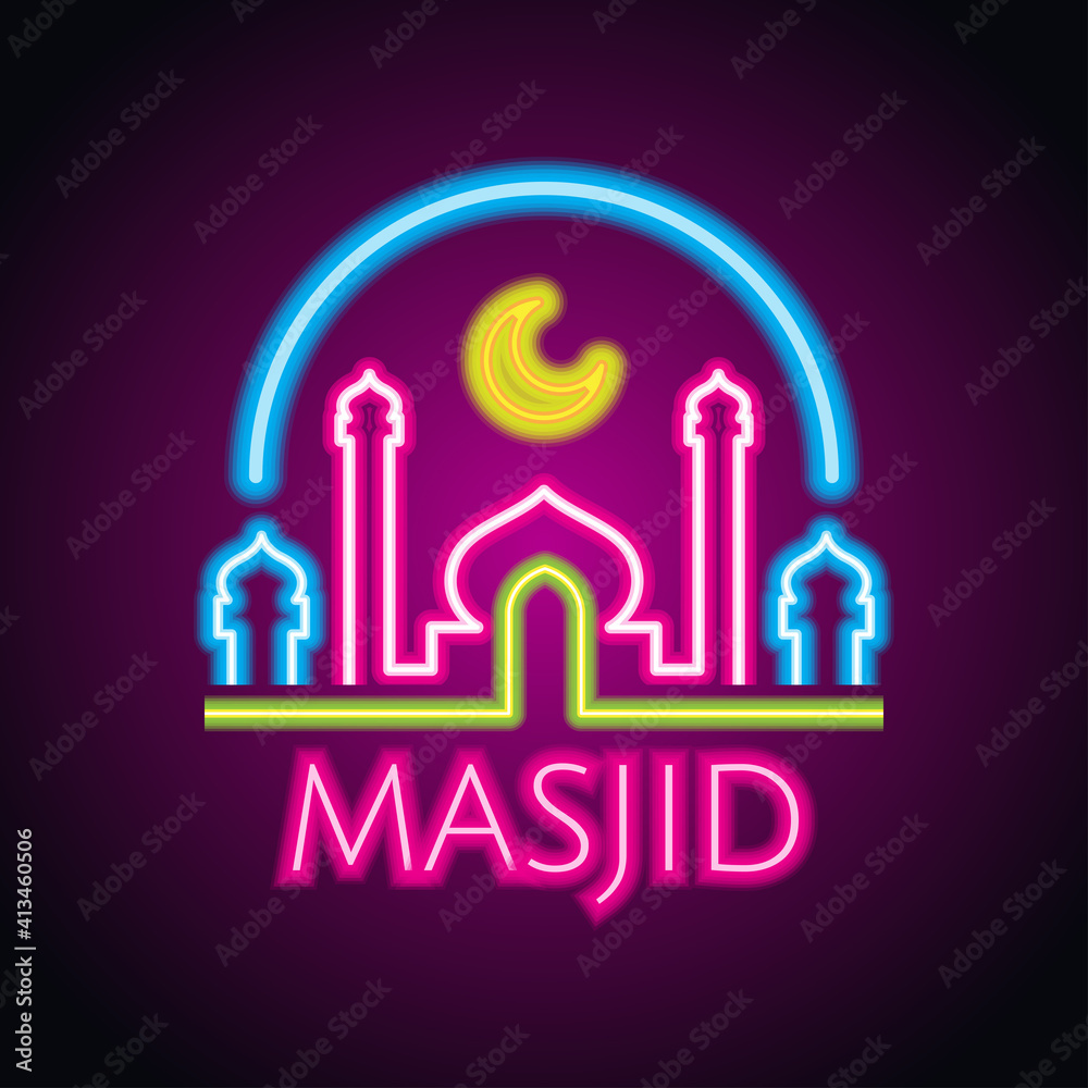 masjid or islamic centre neon sign for Muslims Pray. vector ...