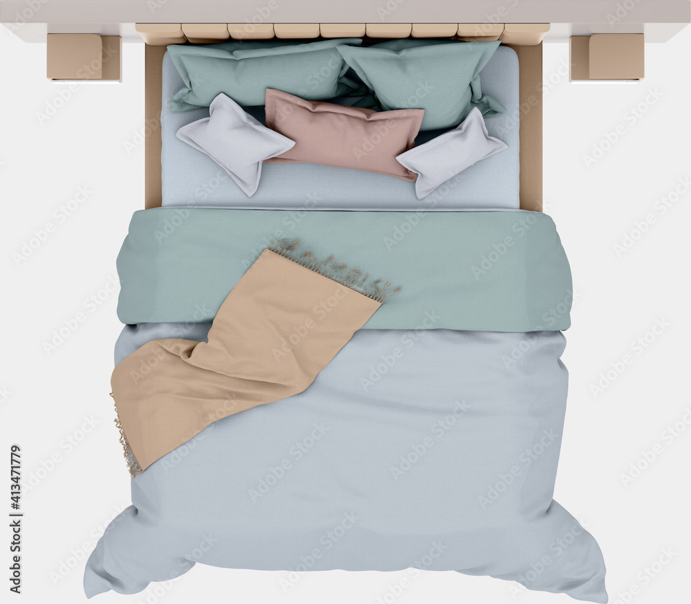 Bed top view isolated on background. 3d rendering - illustration Stock ...