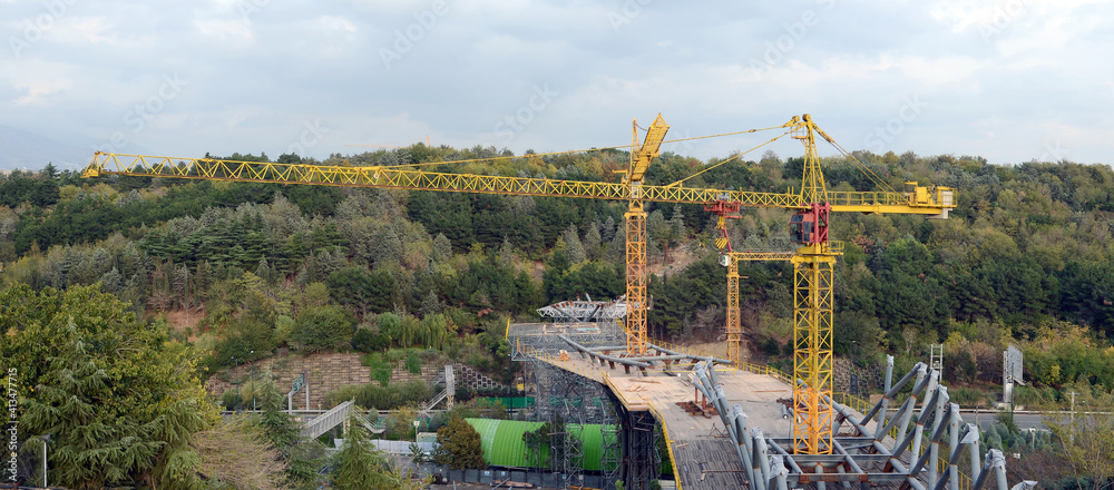 Cranes & unfinished Tabiat pedestrian overpass, Tehran, Iran Stock ...