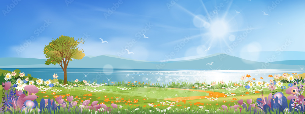Panoramic of spring village with lake view and mountains with blue sky ...
