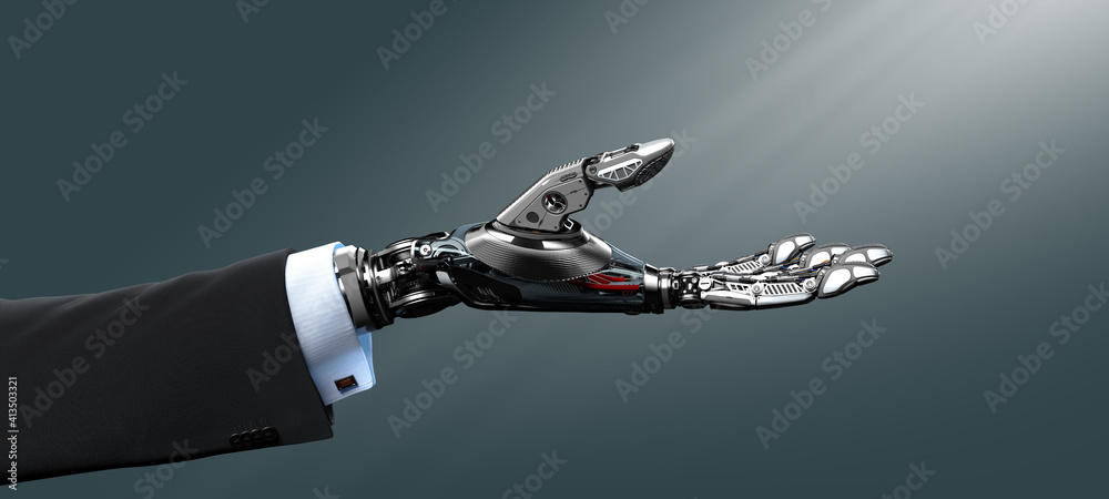 Robot arm mechanical palm facing up cybernetic AI neural network ...