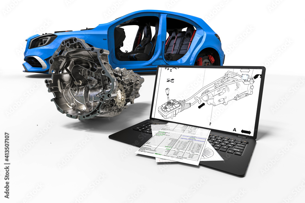 3D render image of a computer and automotive parts representing auto ...